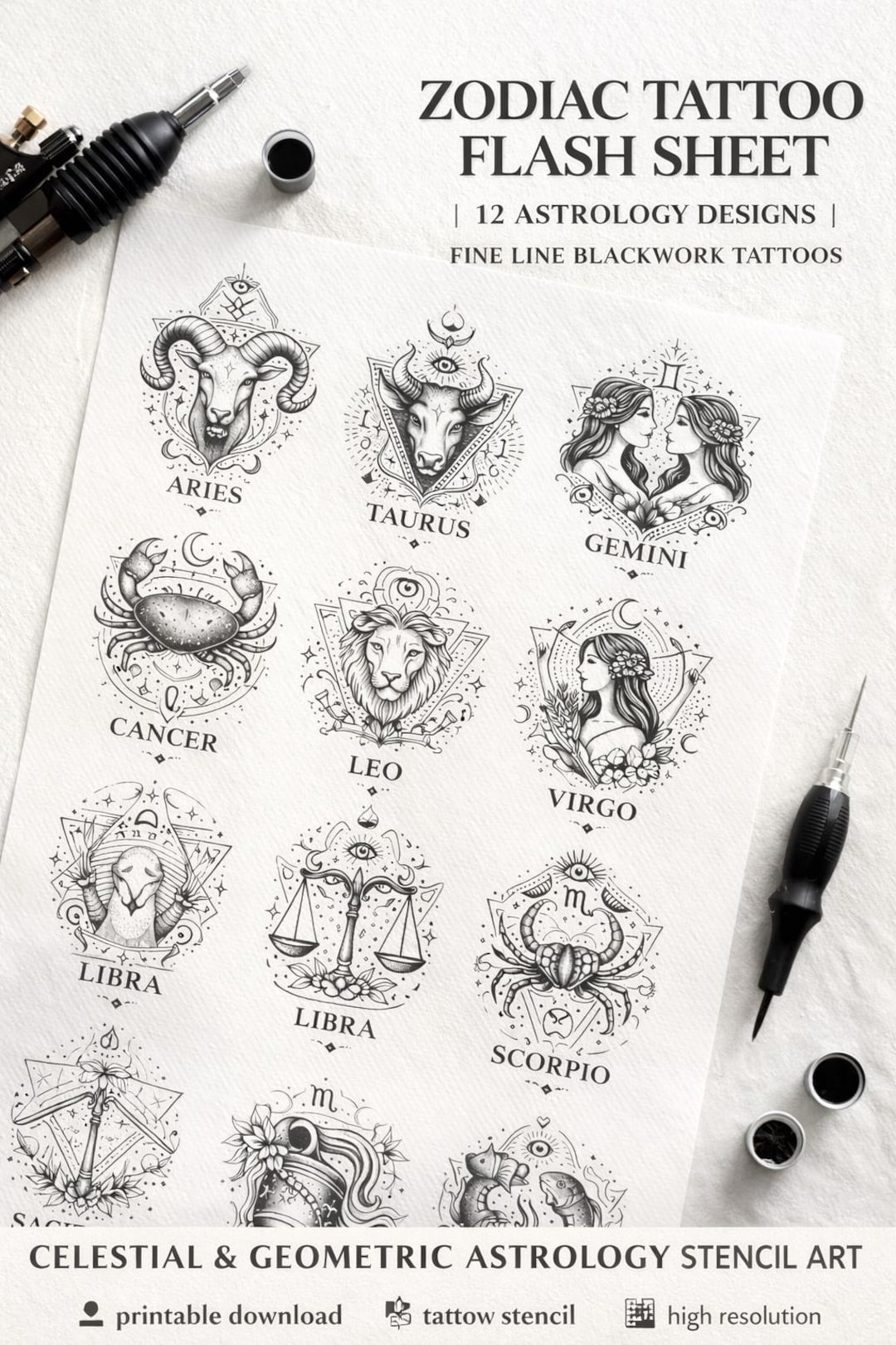 Zodiac Tattoo Flash Sheet | 12 Astrology Designs | Fine Line Blackwork ...