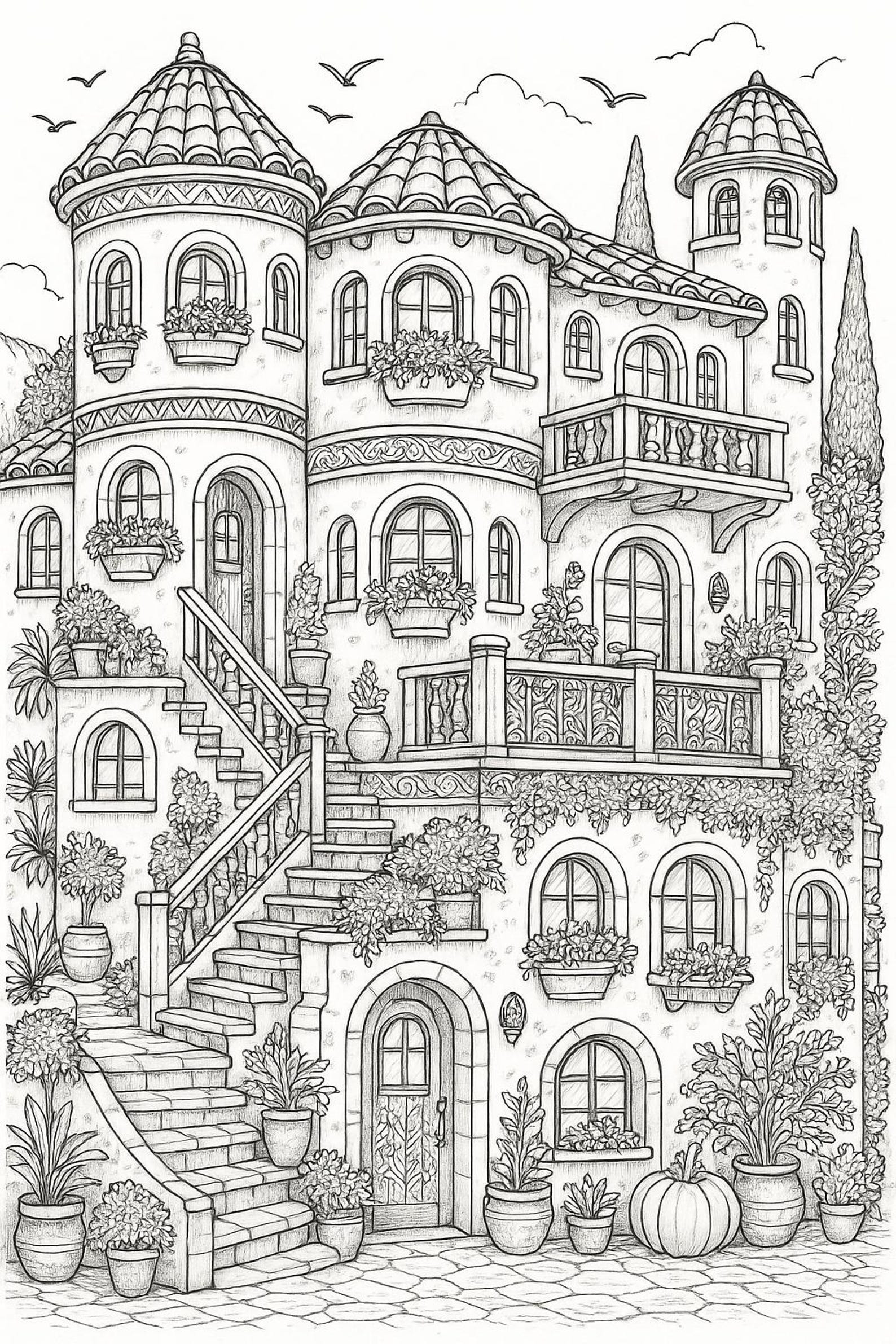 Whimsical Mediterranean-style Villa Coloring Page/5 PDF/ - Etsy