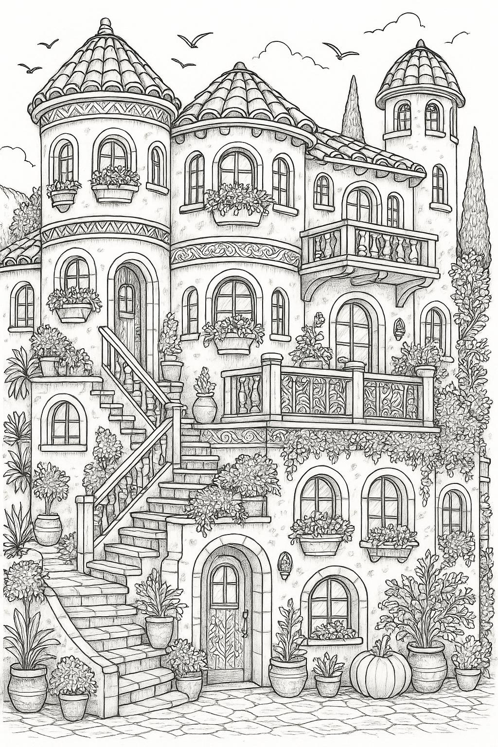Whimsical Mediterranean-style Villa Coloring Page/5 PDF/ - Etsy