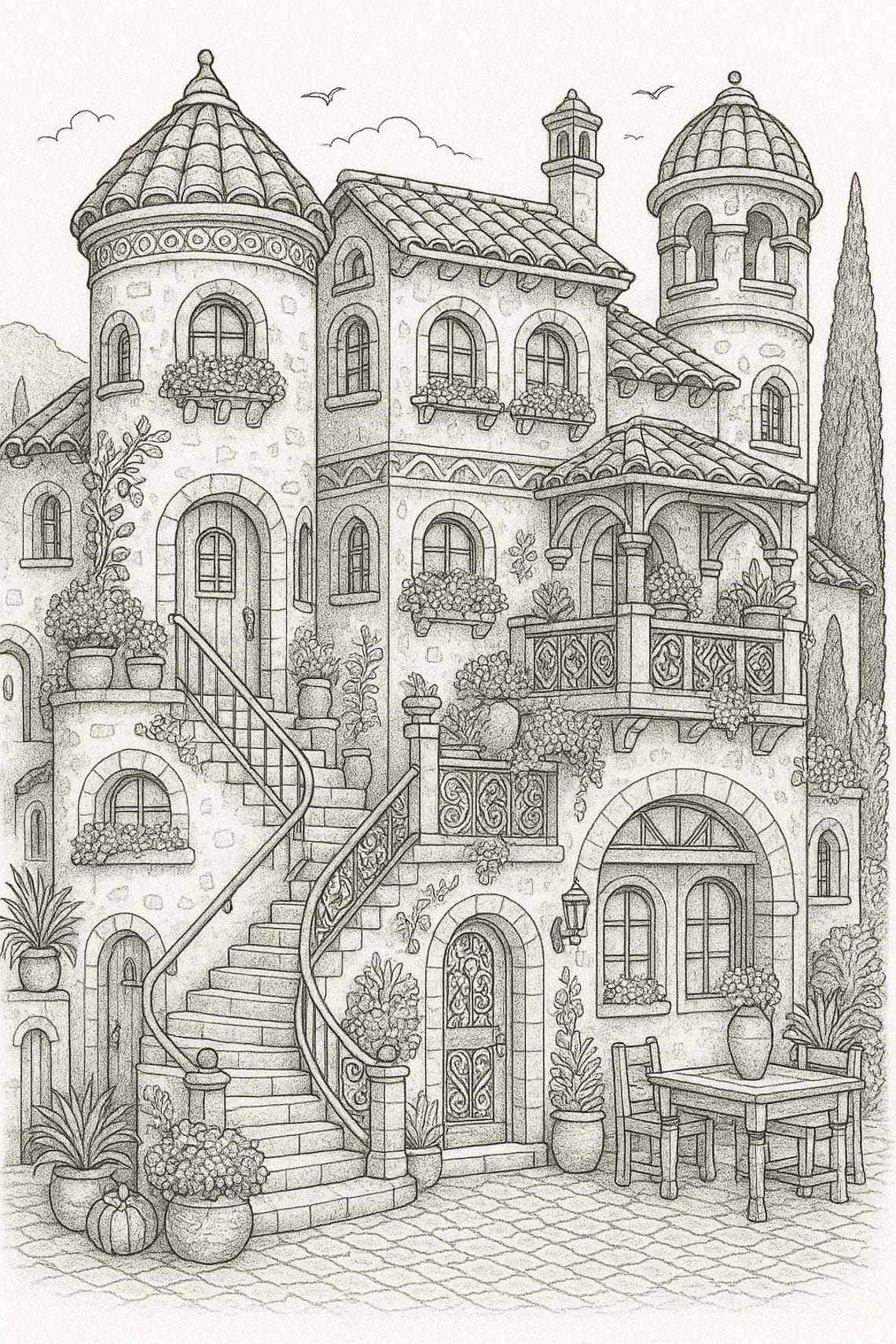 Whimsical Mediterranean-style Villa Coloring Page/5 PDF/ - Etsy