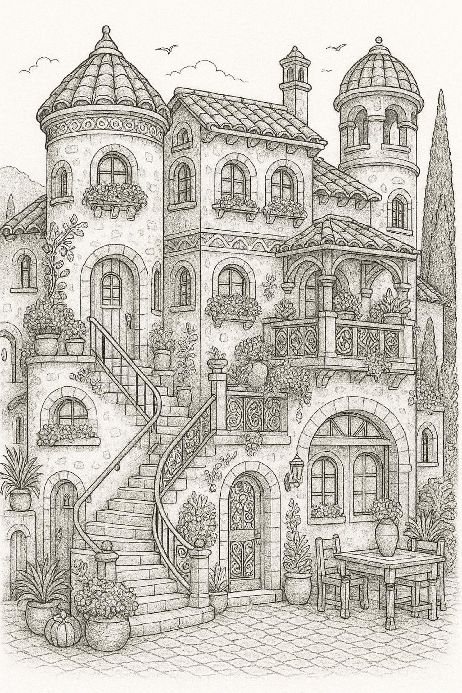 Whimsical Mediterranean-style Villa Coloring Page/5 PDF/ - Etsy