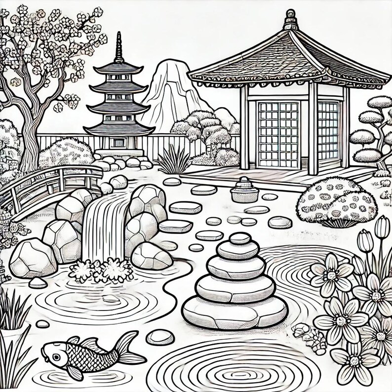 Zen Garden Landscape Coloring Page/ 5 PDF/ 8.5 in by 11in Ready to ...