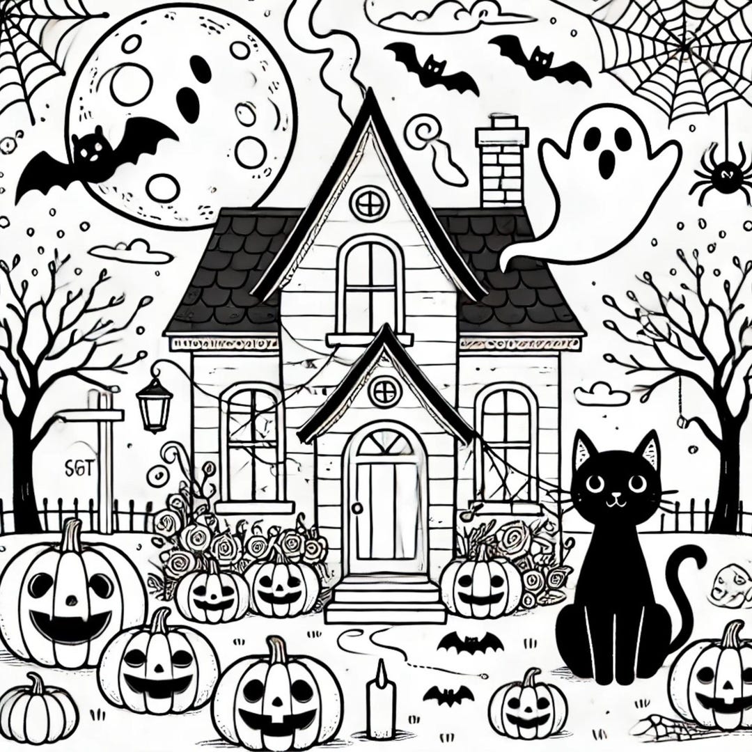 Halloween-themed Coloring Page/5pdf/ Featuring a Spooky Haunted House ...