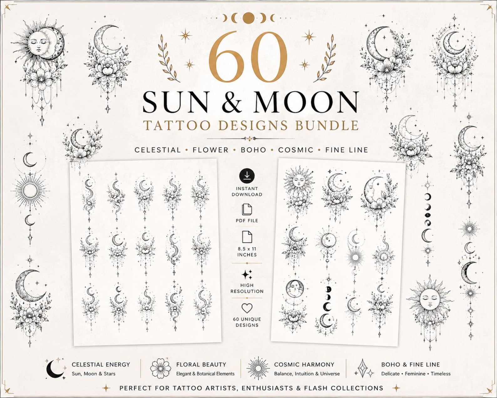 Sun & Moon Tattoo Designs Bundle | 60 Celestial Flower Tattoo Flash ...