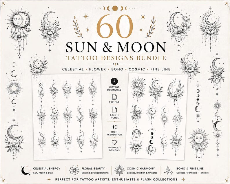 Sun & Moon Tattoo Designs Bundle | 60 Celestial Flower Tattoo Flash ...