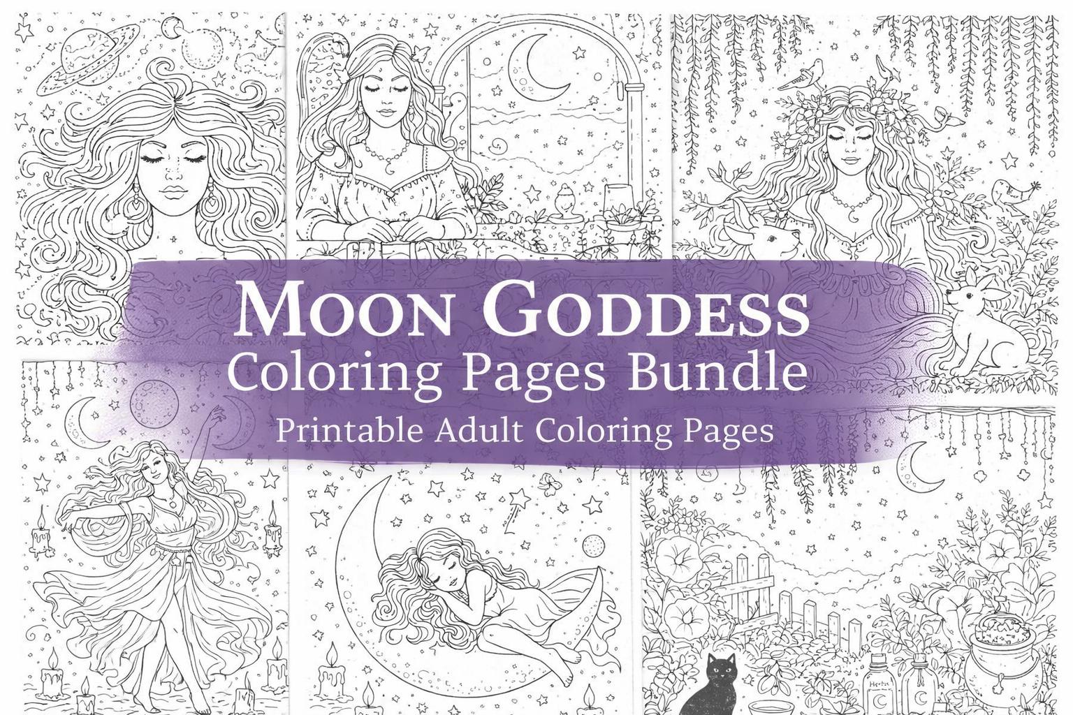 Moon Goddess Coloring Pages Bundle | Celestial Witch Adult Coloring ...