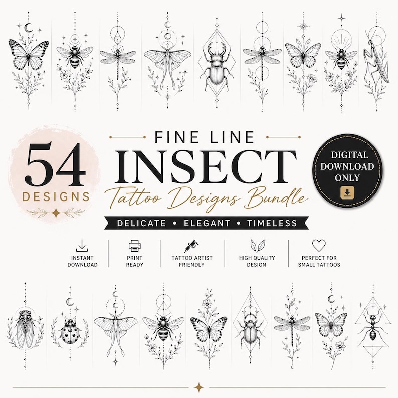 Fine Line Insect Tattoo Designs Bundle 54 PNG | Tattoo Flash Sheet ...