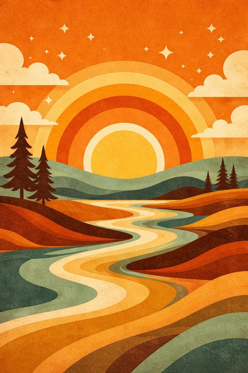 Retro 70s Abstract Landscape Print – Vintage Sunset Wall Art, Warm ...