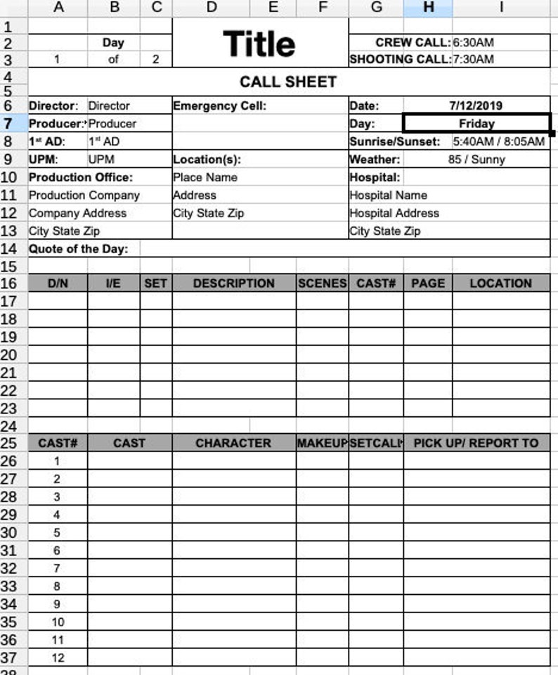 Call Sheet Spreadsheet Template for Movie, Film, Video Production Crew ...