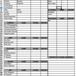 Call Sheet Spreadsheet Template for Movie, Film, Video Production Crew ...