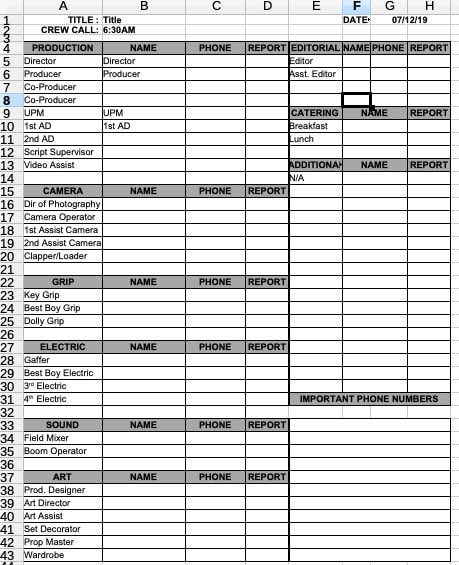 Call Sheet Spreadsheet Template for Movie, Film, Video Production Crew ...
