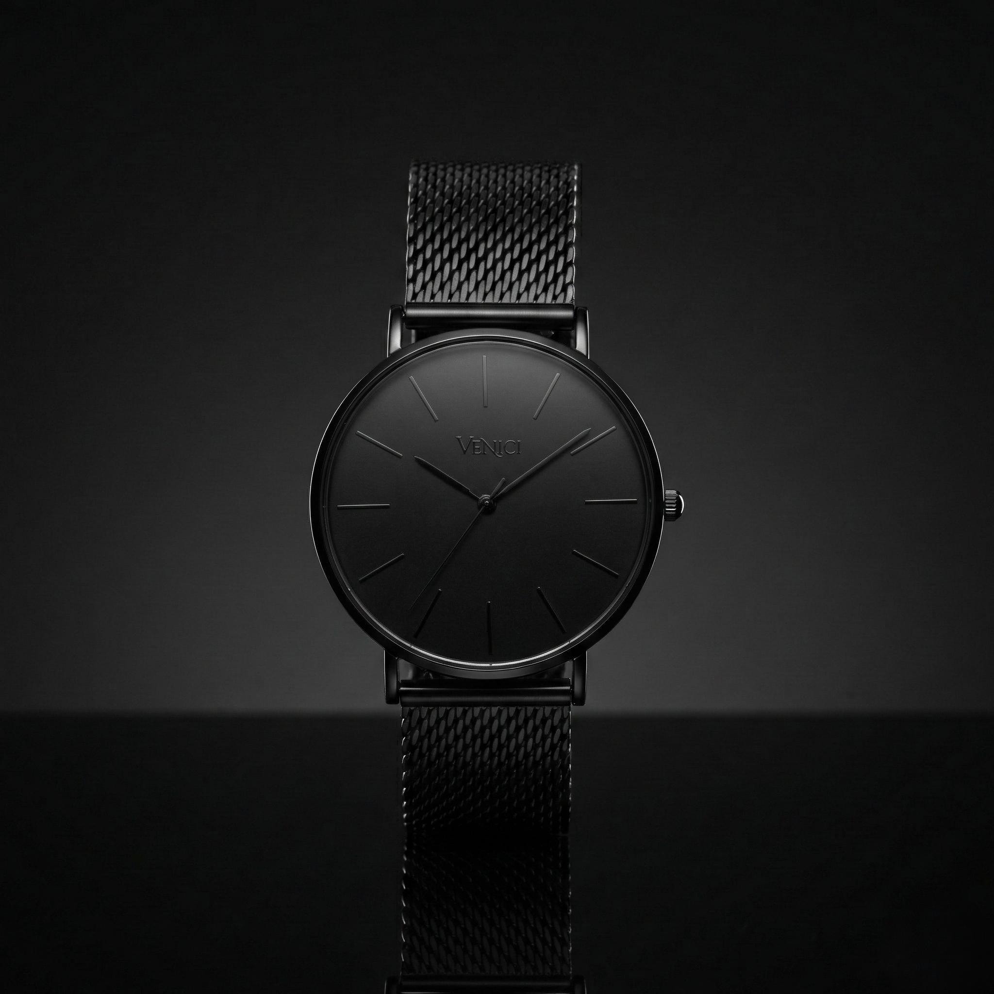 All Black Minimalist Mens Watch – Stainless Steel Mesh Strap – Modern ...