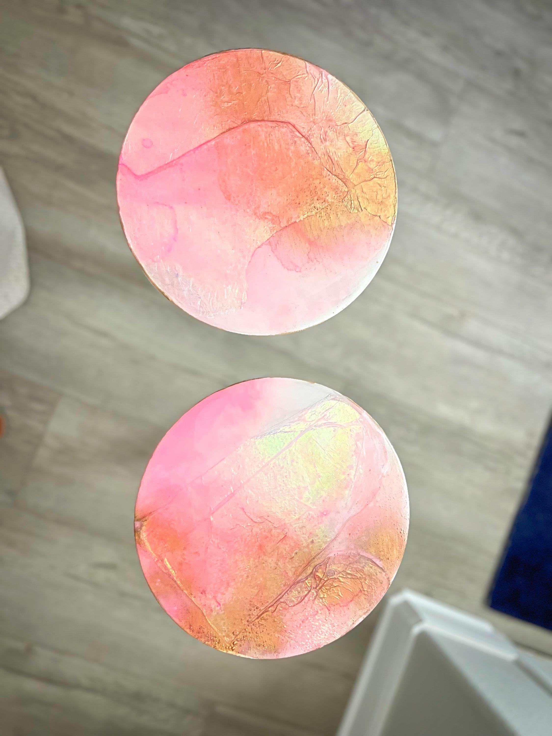 A Pair of Gorgeous Hand Painted Pink, Iridescent White and Gold Side ...