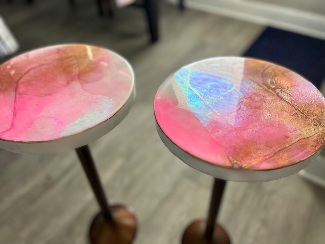 Hand Painted Iridescent Side Tables: Pink & Gold Drink Table Set - Etsy