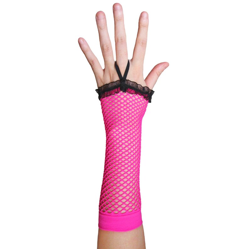 Cute Neon Pink Fingerless Fishnet Gloves With Ruffle Women - Etsy