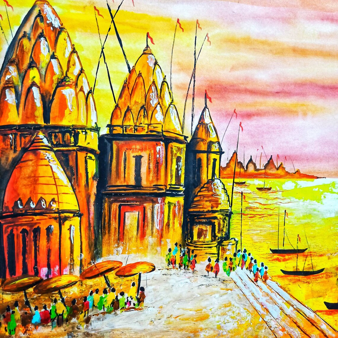 Benaras Ghat Painting, Varanasi Painting, Varanasi Canvas, Hindu Temple ...