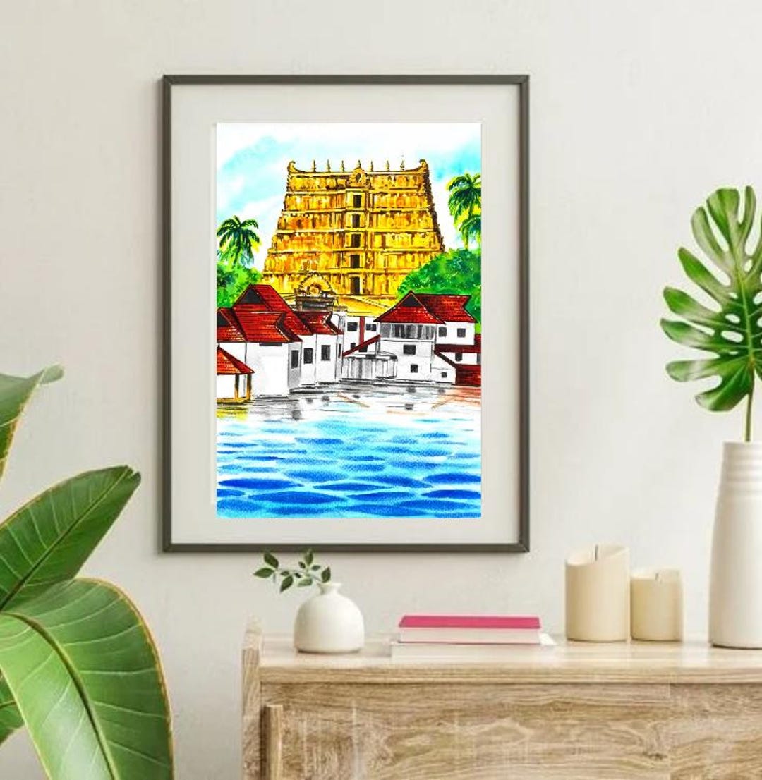 Kerala Temple Watercolor Painting: South Indian Wall Art - Etsy