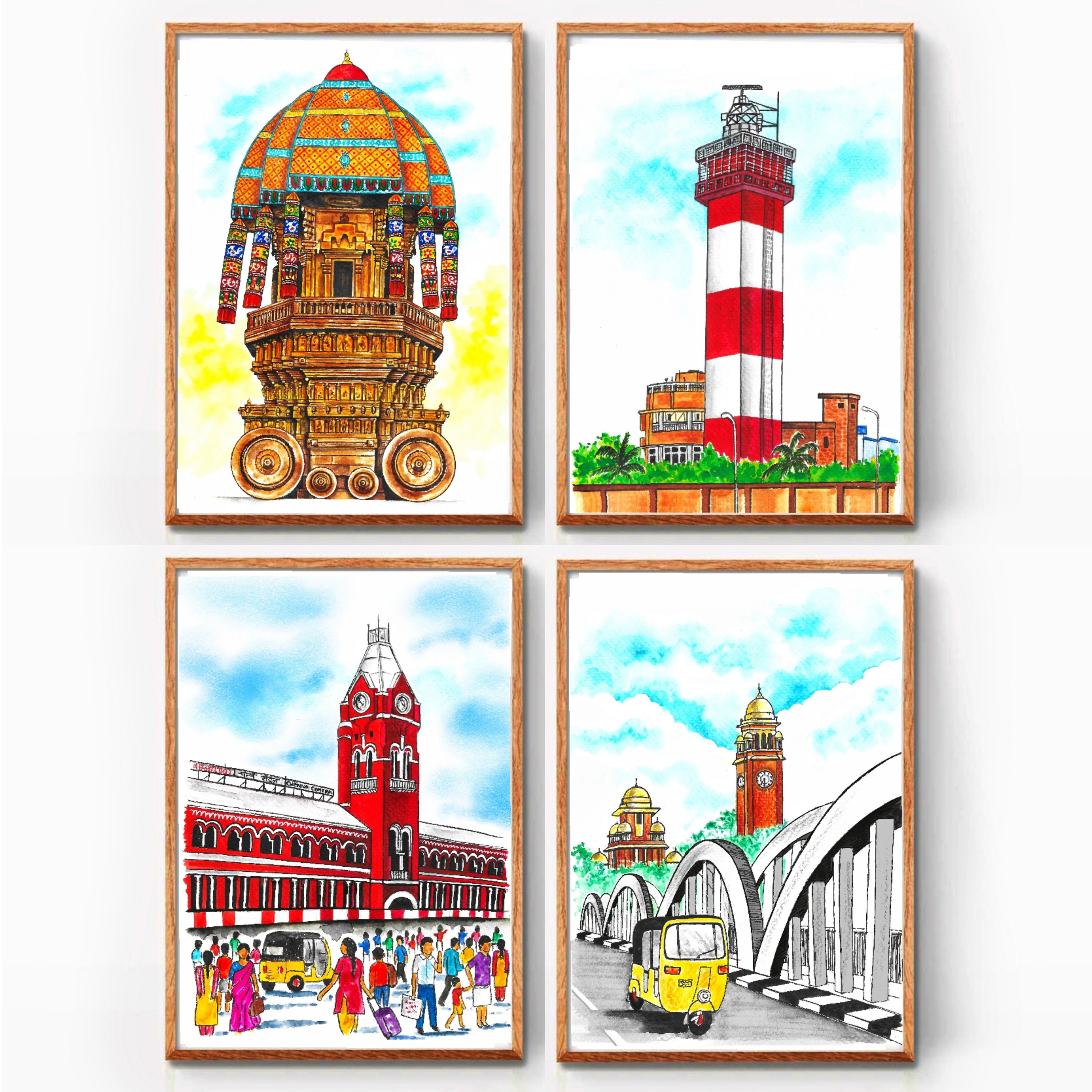 Chennai Watercolor Painting, Tamil Nadu Wall Art, Tamil Home Decor, South Indian Wall Decor ...