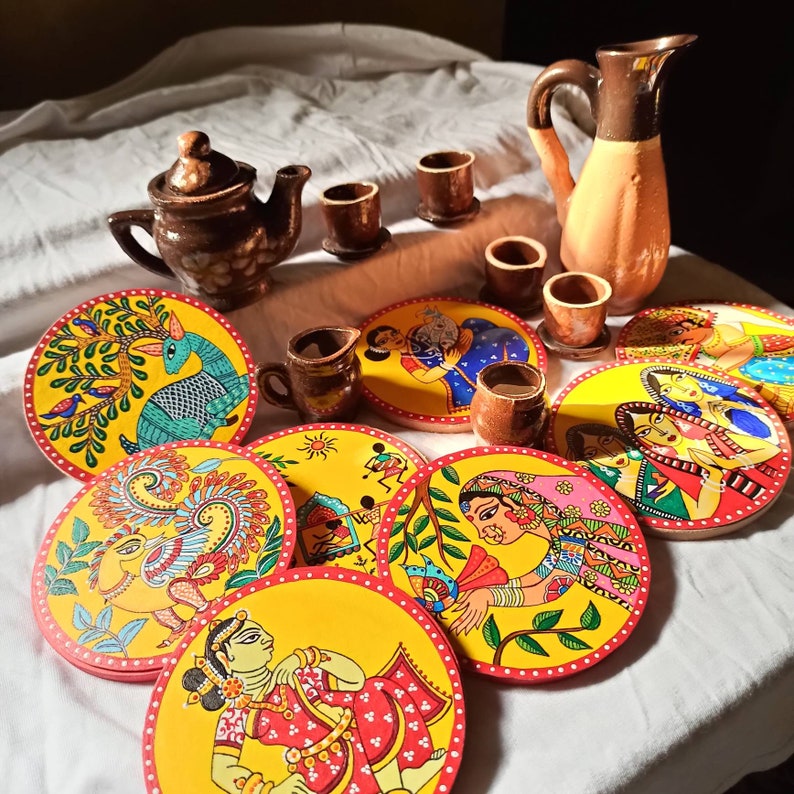 Hand Painted Indian Folk Art Coasters: Madhubani Decor, Kalighat ...