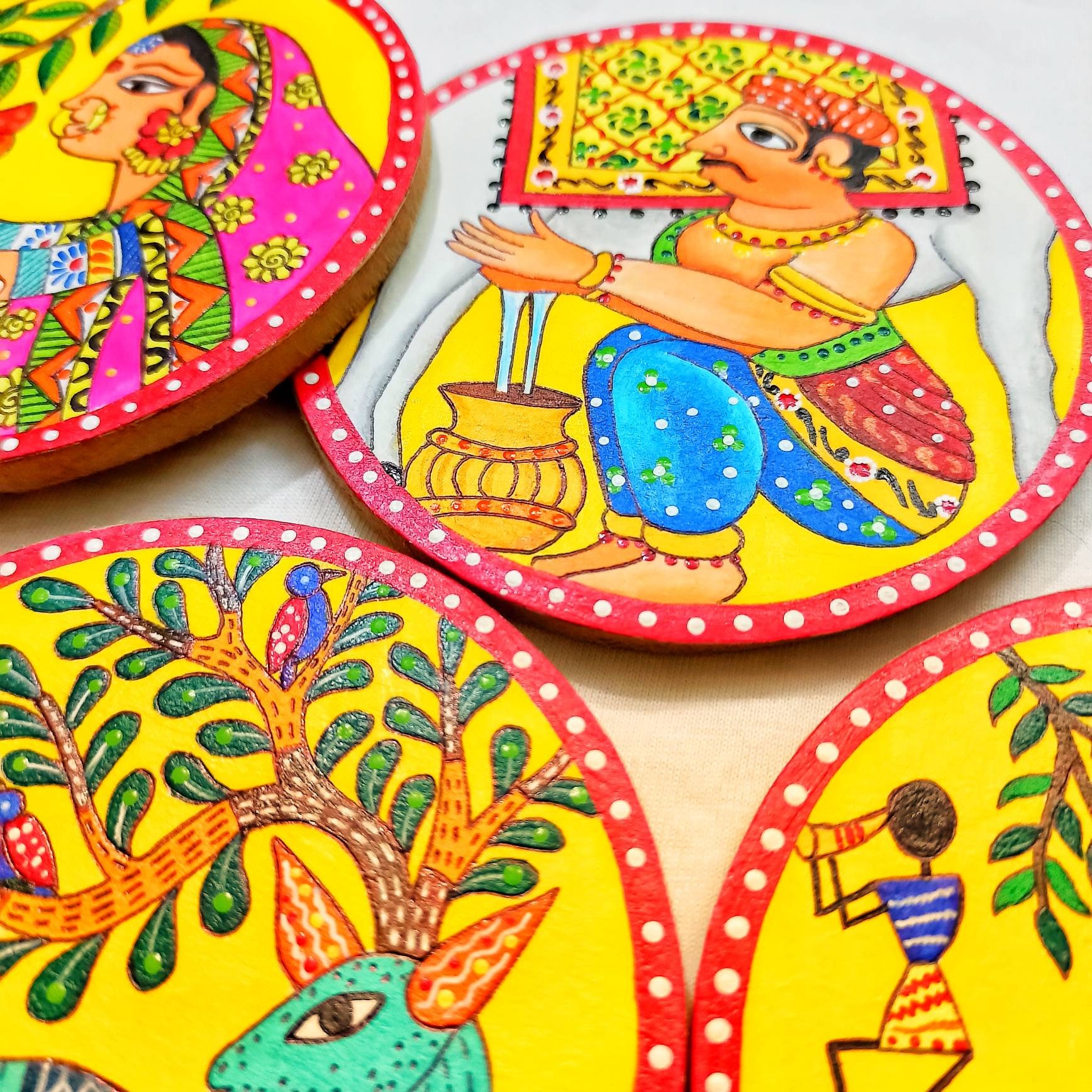Hand Painted Indian Folk Art Coasters: Madhubani Decor, Kalighat ...