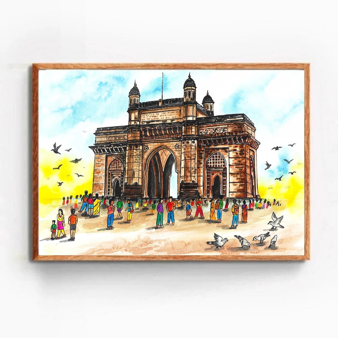 Mumbai Watercolor Painting: Gateway of India, Vintage Bombay Wall Art ...