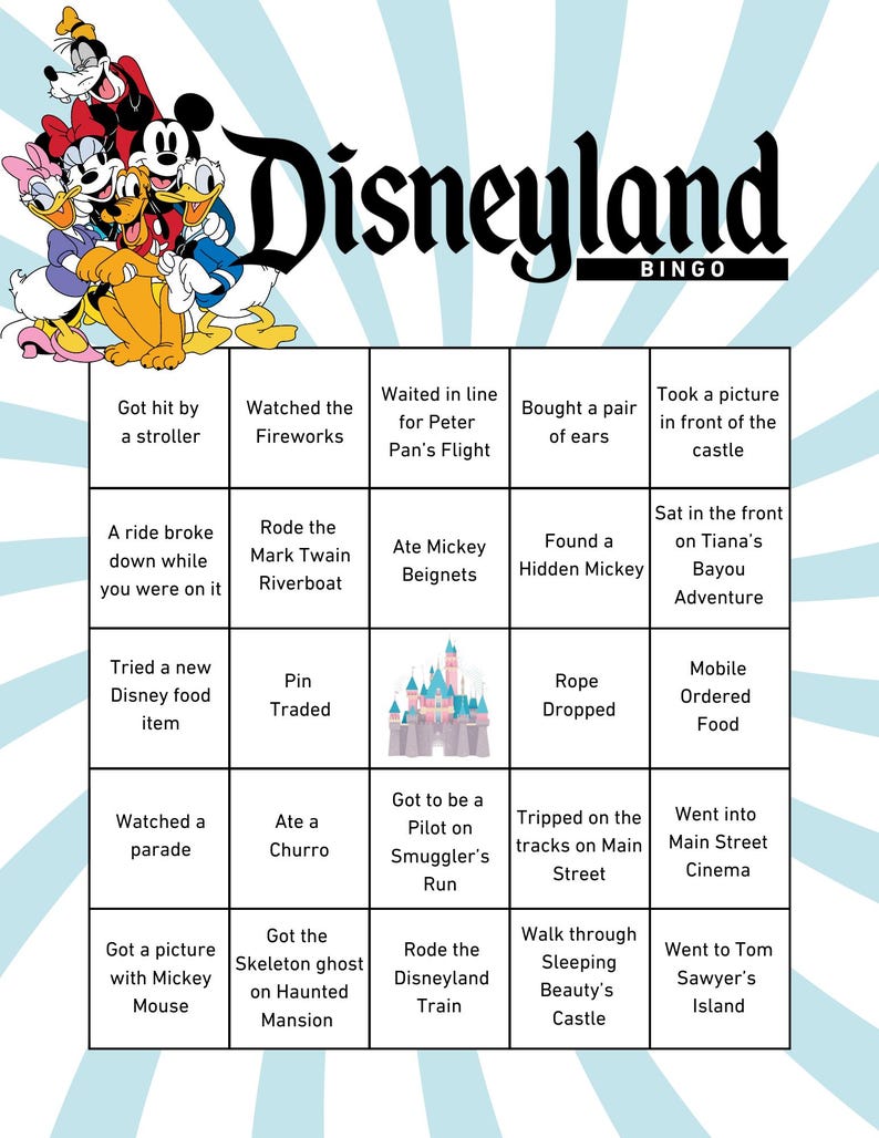 Disneyland Bingo Game- Digital Download Print at Home - Etsy