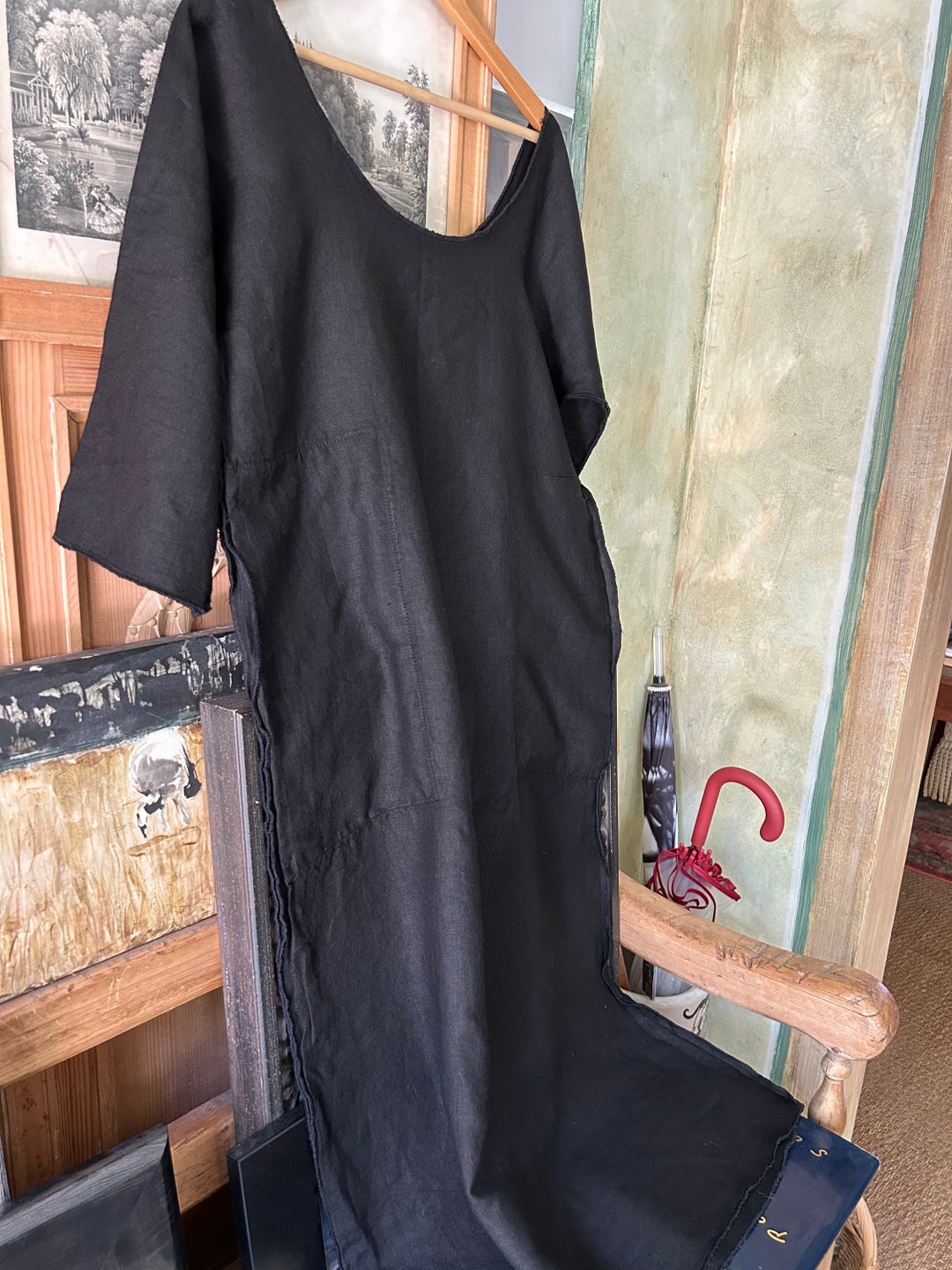 Provence Linen Dress Wide Neck Raw Edge Seams Side Pockets 51” Long Sz ...