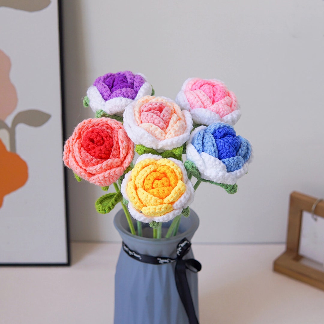 Handmade Crochet Rose Bouquet, Crocheted Rose Flower Arrangement ...