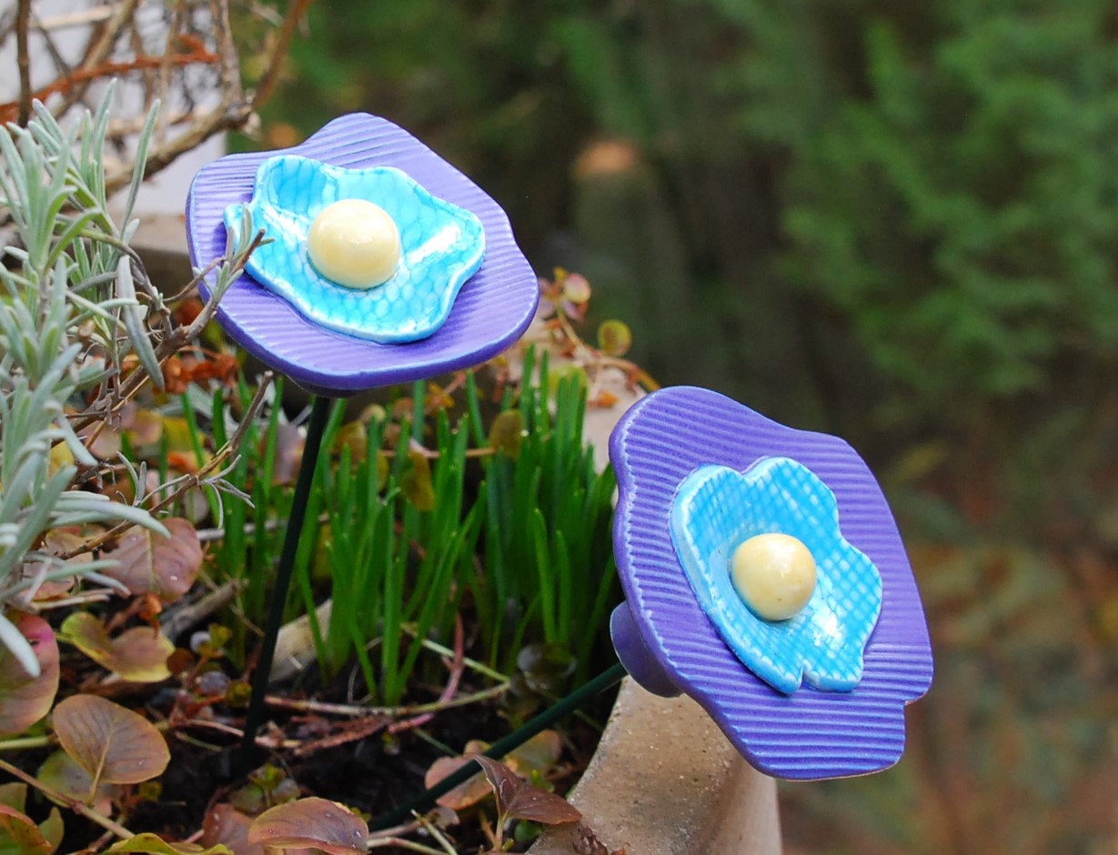 Blue Flowers, Set of 2, Ceramic Flowers, Handmade Flowers, Yard Art ...