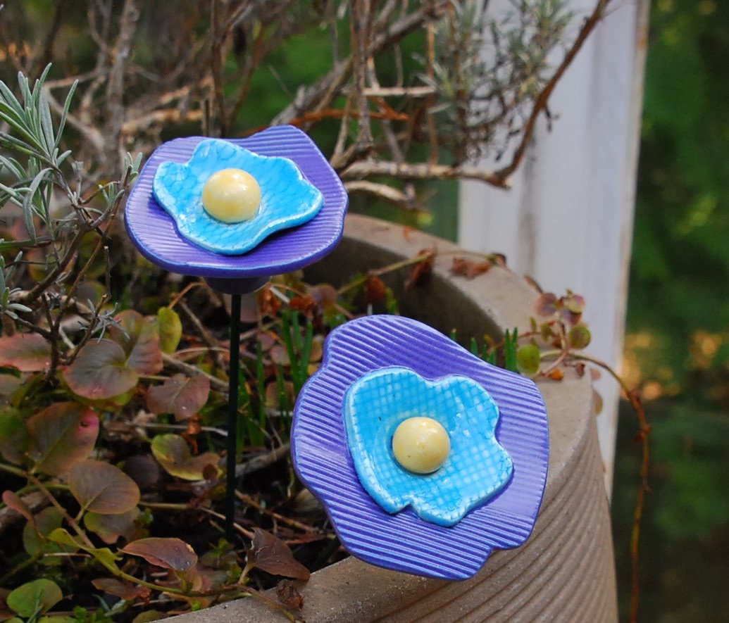 Blue Flowers, Set of 2, Ceramic Flowers, Handmade Flowers, Yard Art ...