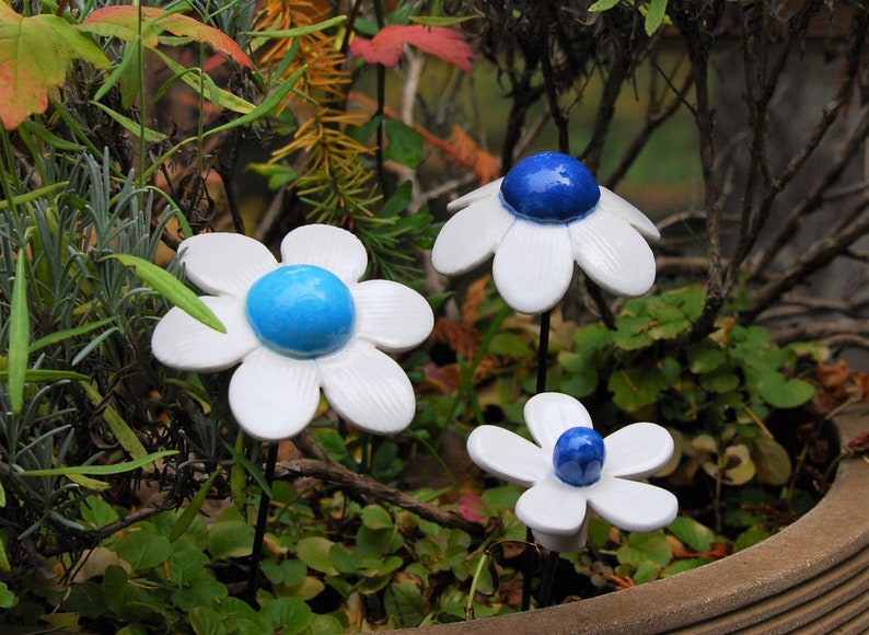 Ceramic Flowers Set of Three (3), Ceramic Garden Flowers, Blue Flower ...