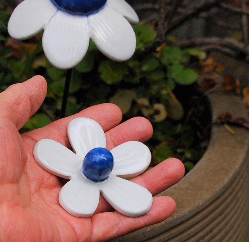 Ceramic Flowers Set of Three (3), Ceramic Garden Flowers, Blue Flower ...