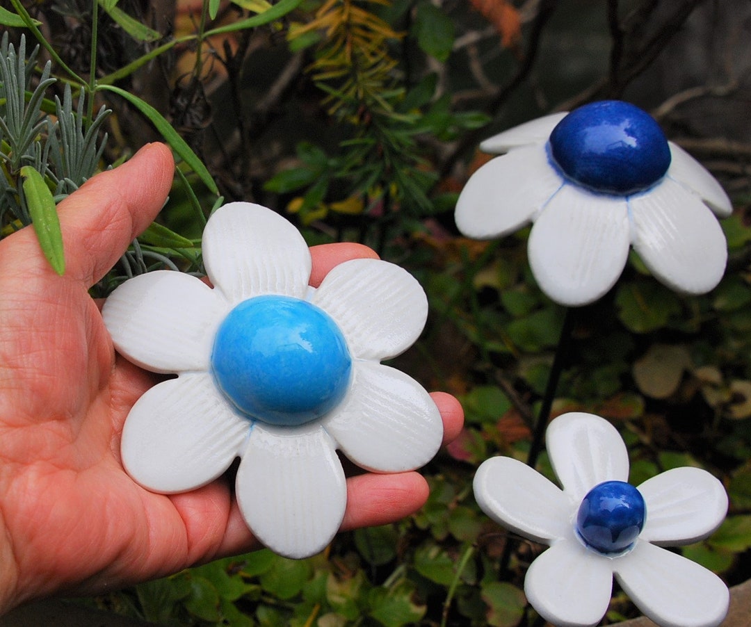 Ceramic Flowers Set of Three (3), Ceramic Garden Flowers, Blue Flower ...