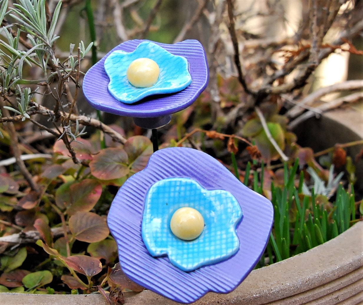 Blue Flowers, Set of 2, Ceramic Flowers, Handmade Flowers, Yard Art ...