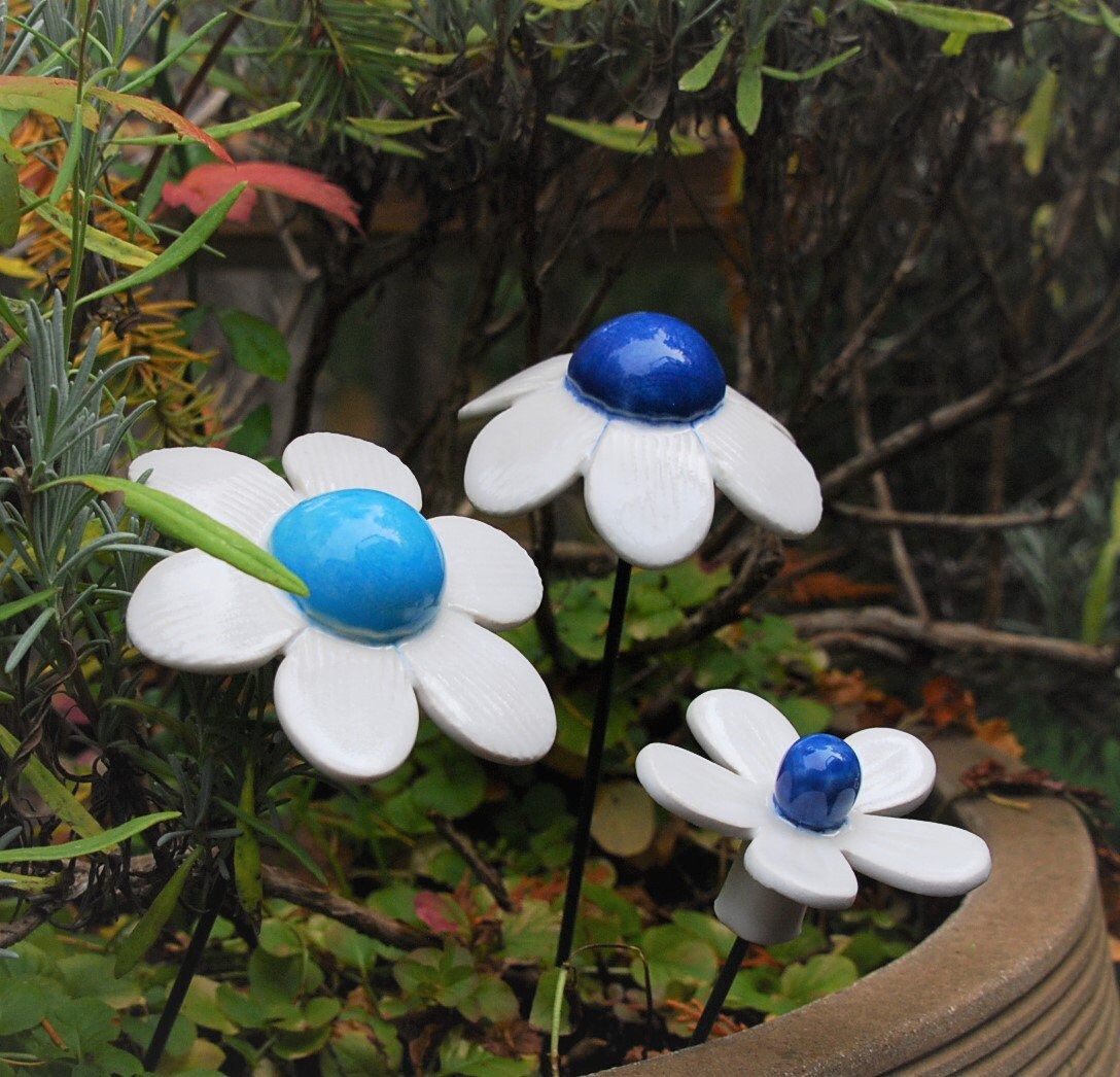 Ceramic Flowers Set of Three 3 Ceramic Garden Flowers Blue - Etsy