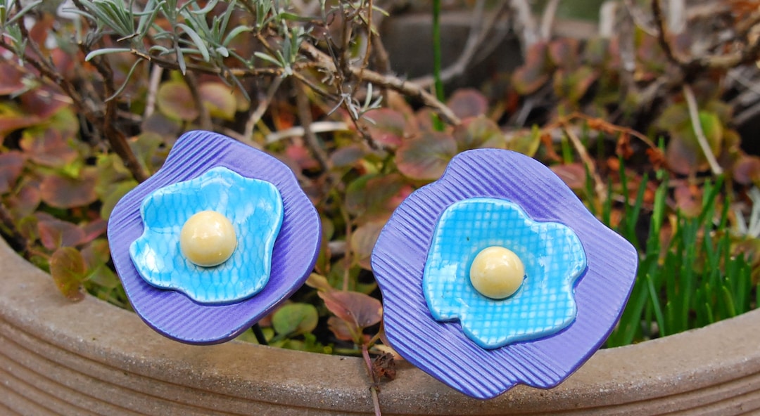 Blue Flowers, Set of 2, Ceramic Flowers, Handmade Flowers, Yard Art ...
