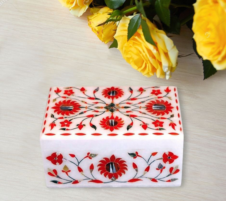 Beautiful Floral Print 6x4x3 Alabaster Marble Storage Box With Inlay ...