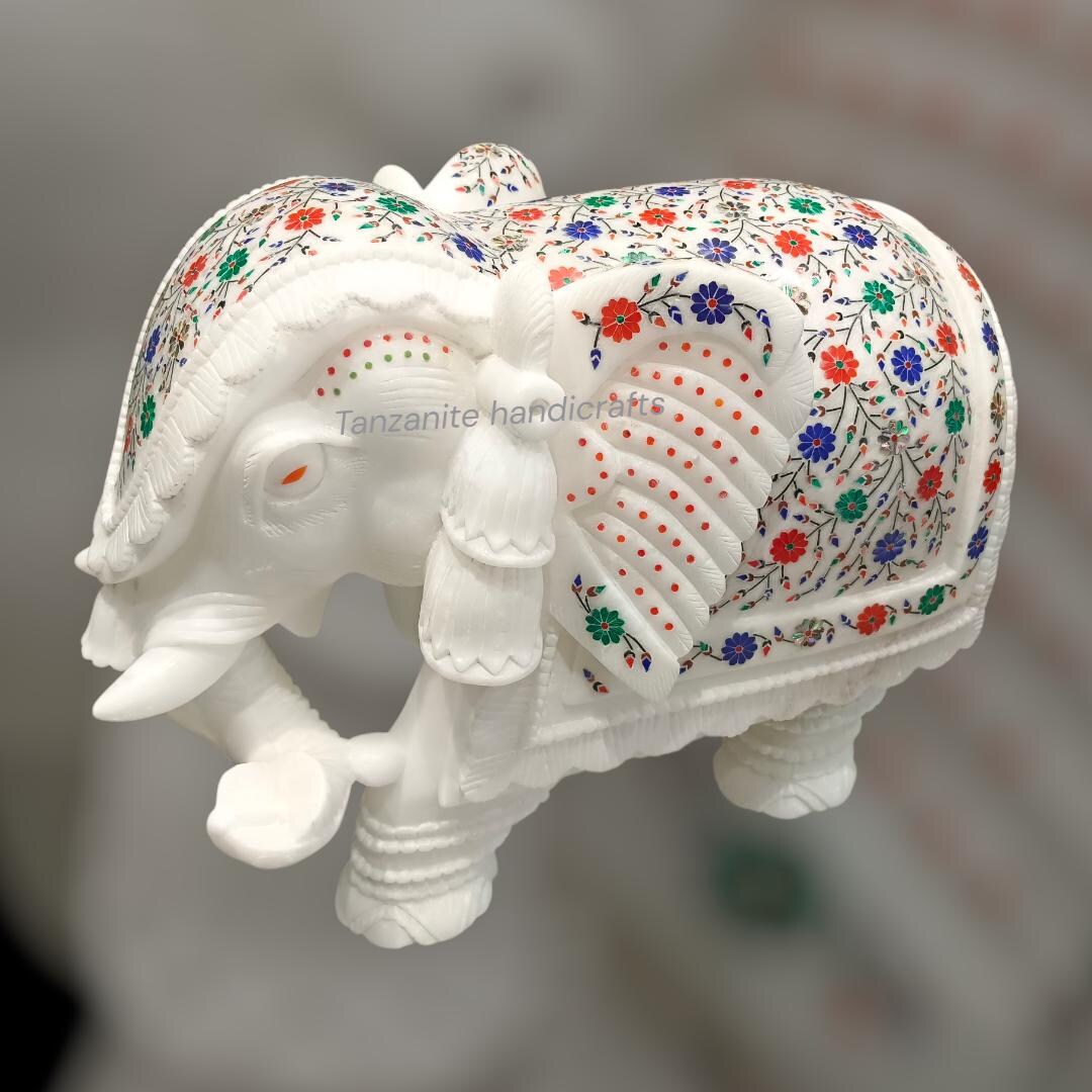 White Alabaster Marble Inlay Elephant Inlaid Semi Precious Stones ...