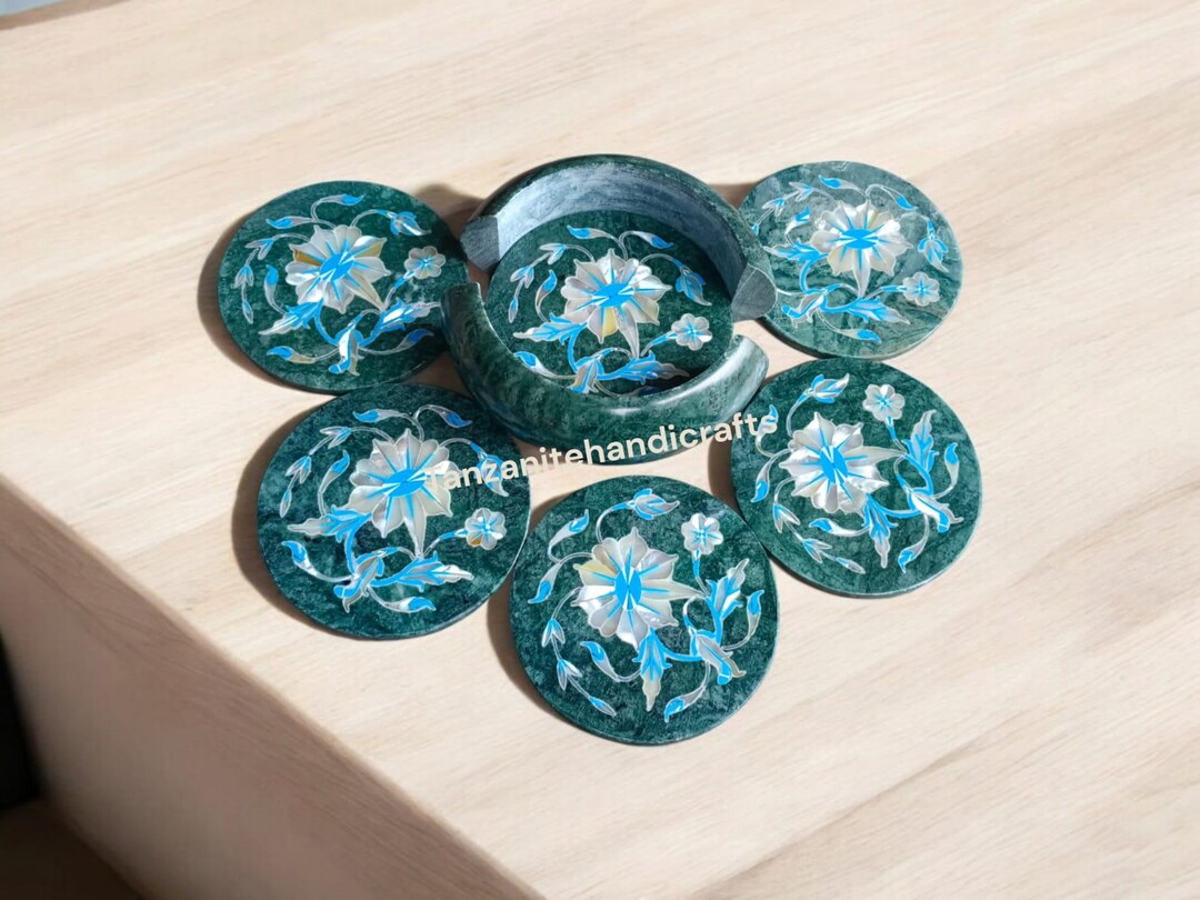 Marble Inlay Coasters Set for Drinks With Floral Inlay Work, Marble ...