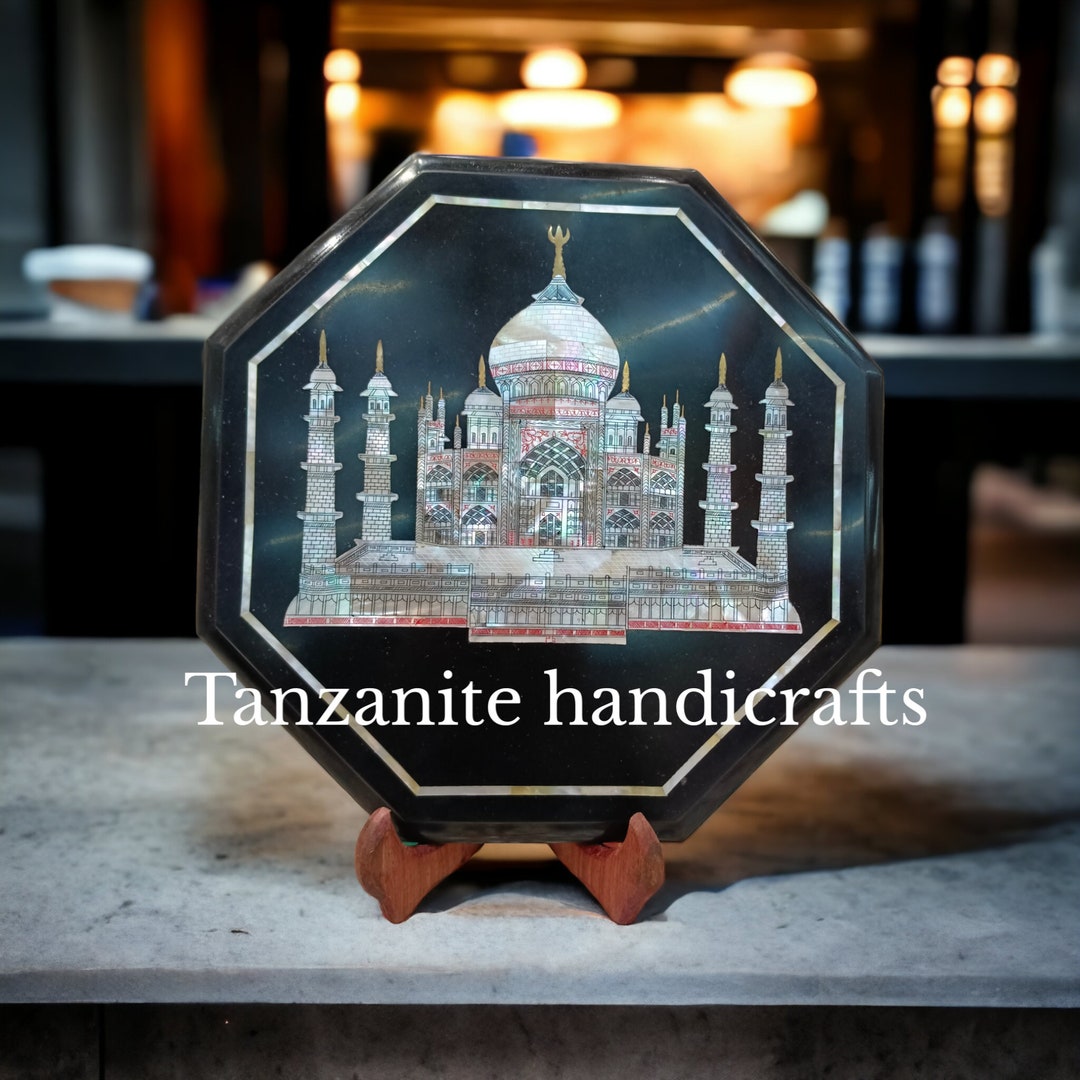 12" Decorative Taj Mahal Design Black Marble Coffee Table Stone Pietra ...