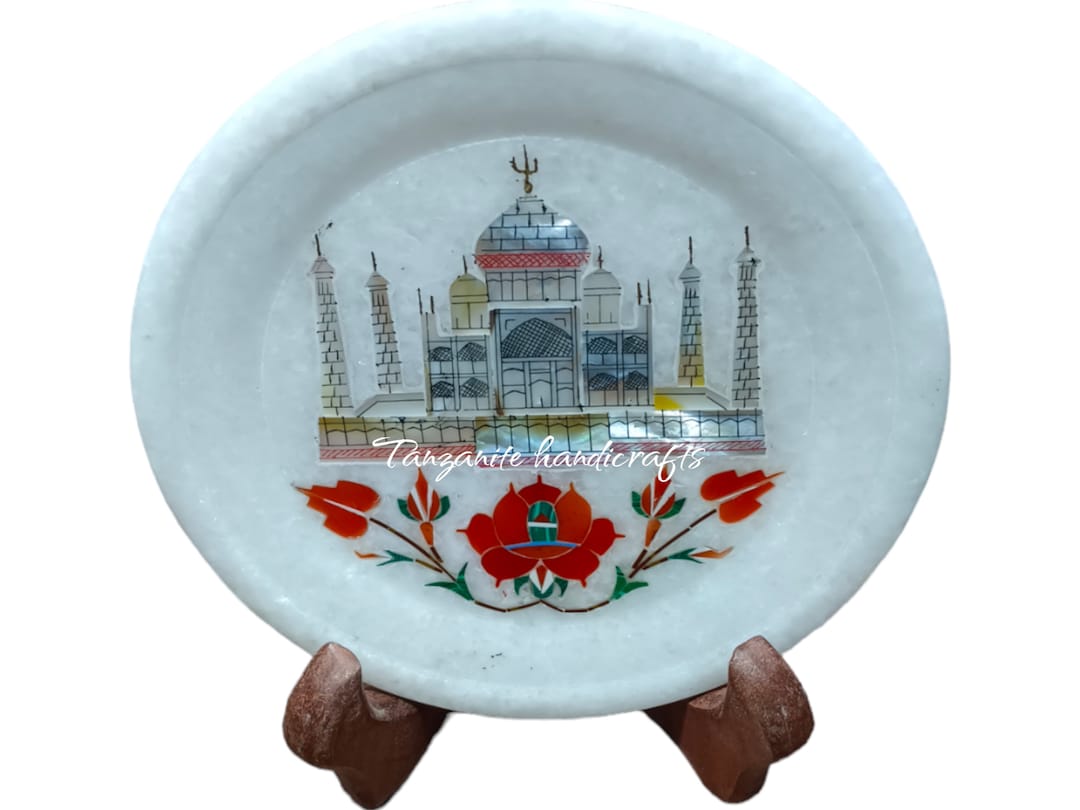 Handmade White Marble Taj Mahal Design Plate, Decorative Plate, Stone ...