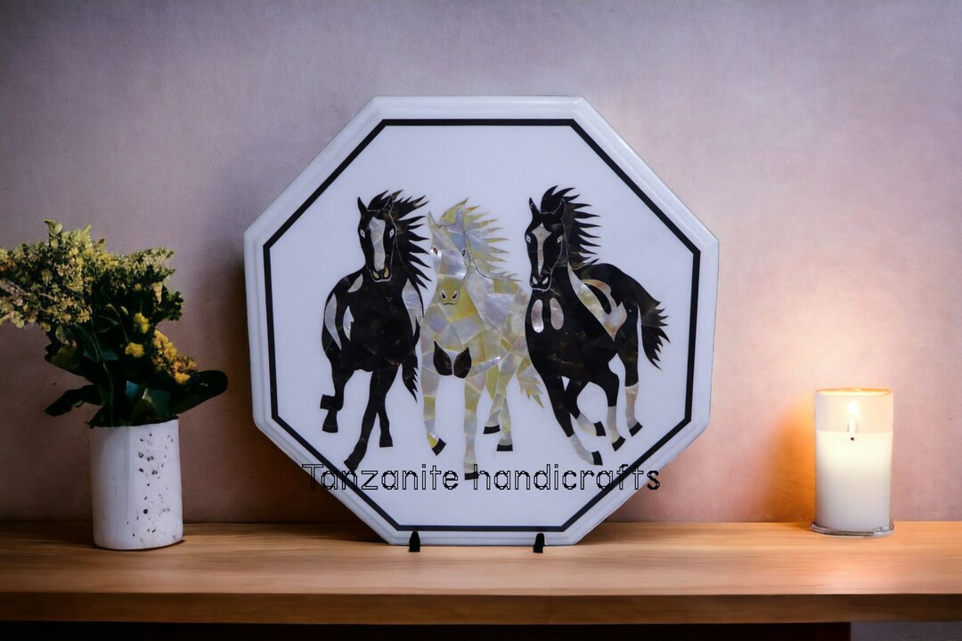 Octagon Cut Horse Inlaid White Marble Inlay Coffee & Side Top Table ...