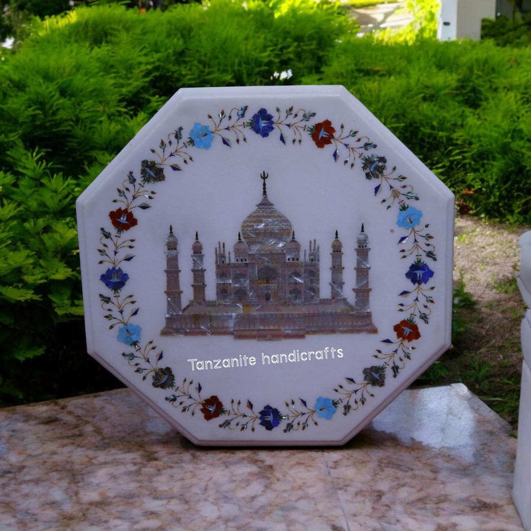 Taj Mahal Side Table White Marble Inlay Pietra Dura Bedside Night Stand ...