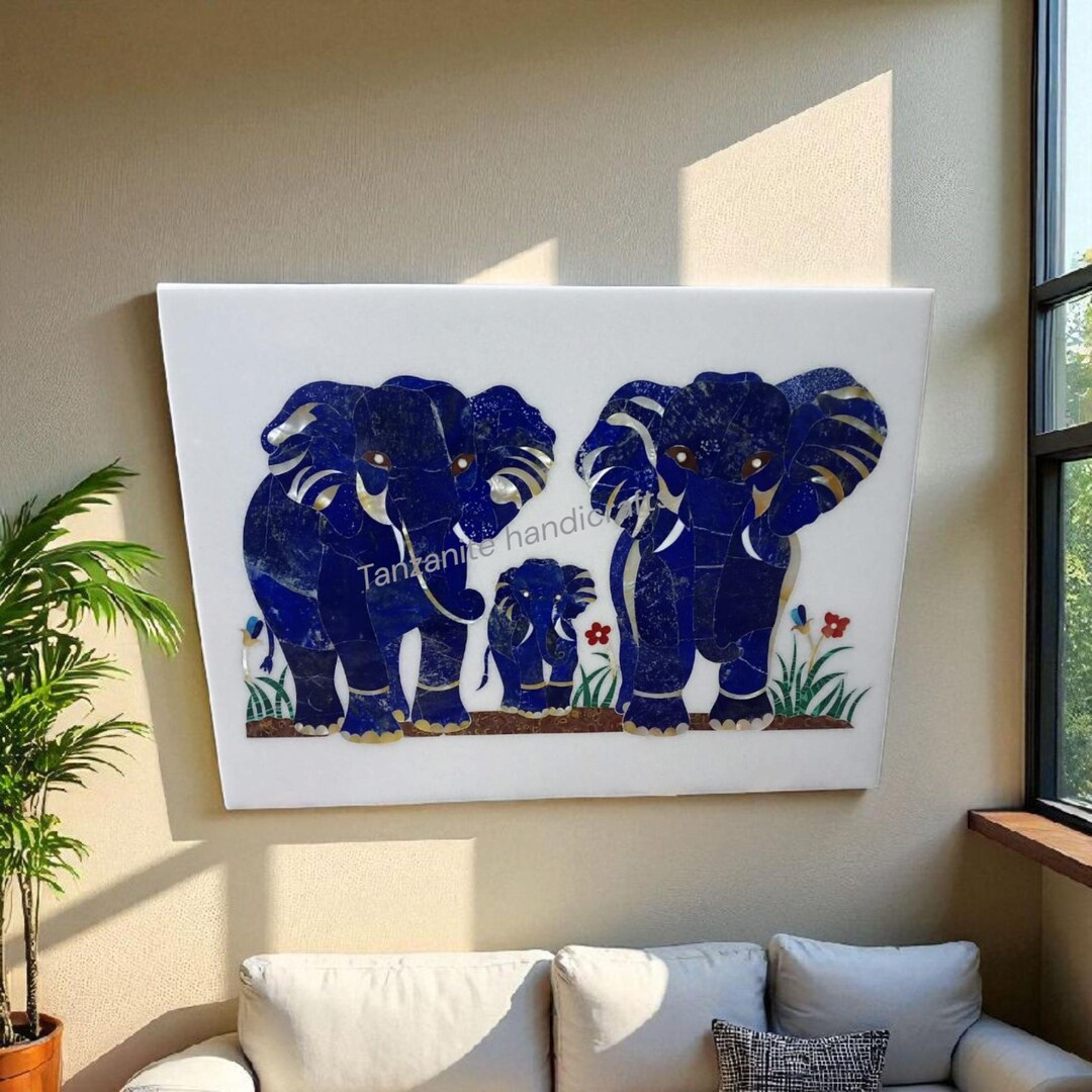 White Marble Inlay Wall Hanging Panel Inlaid Elephant Blue Lapish ...