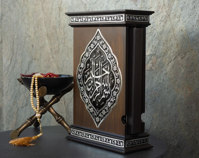 Handmade Wooden Quran Box and Quran With Copper Engravings Quran Holder ...