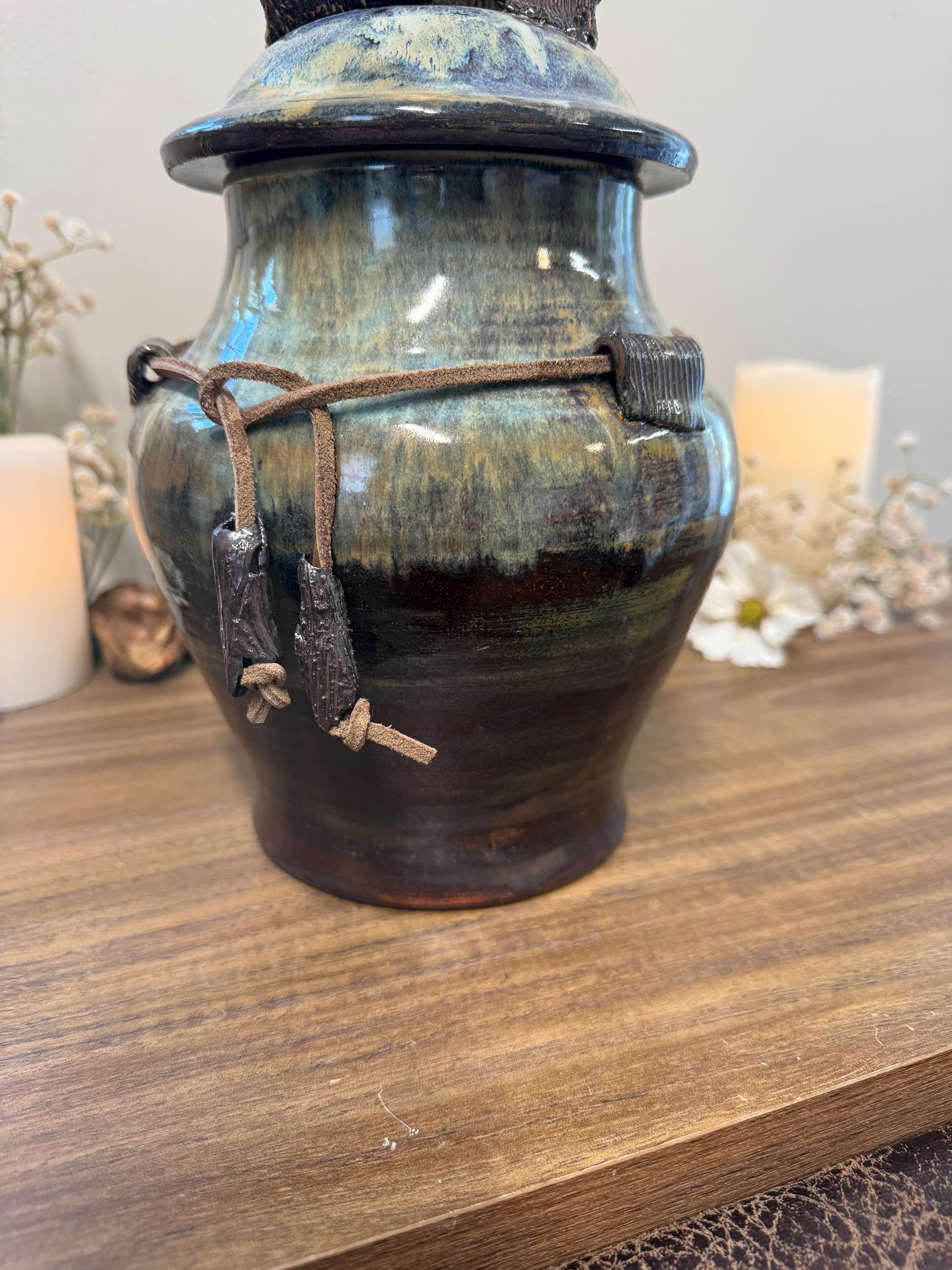 CREMATION URN - Hand Made Pottery With Lid and Leather Tie - Etsy