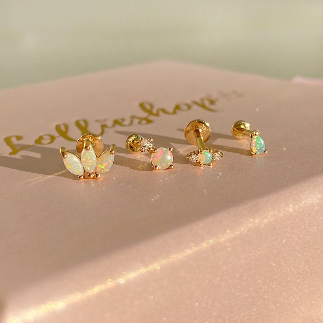 14k Solid Gold Labret Piercings, Opal Labret Piercing, Solid Gold ...