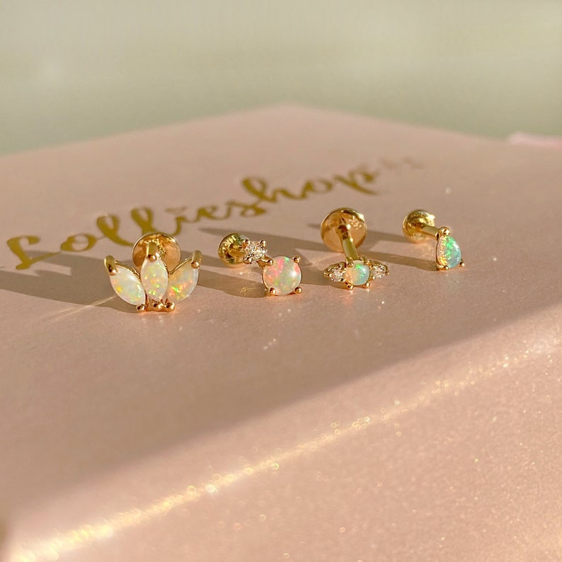 14k Solid Gold Labret Piercings, Opal Labret Piercing, Solid Gold Earrings, Opal Dainty Labret ...