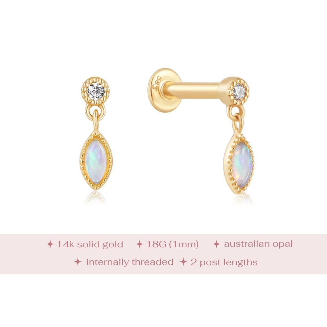 14k Solid Gold Opal Labret Piercing, Flat Back Cartilage Earring ...
