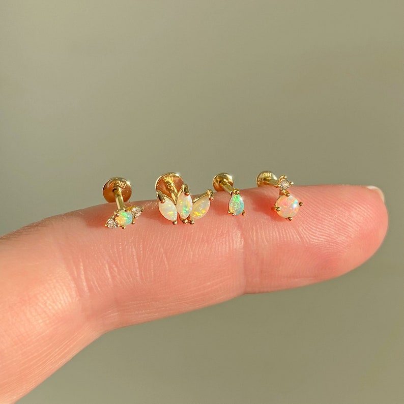 14k Solid Gold Labret Piercings, Opal Labret Piercing, Solid Gold Earrings, Opal Dainty Labret ...